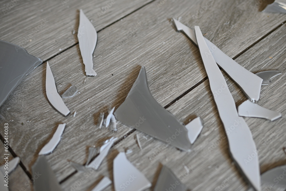 shards of a vase on the gray floor, the aftermath of a pickle, shards ...