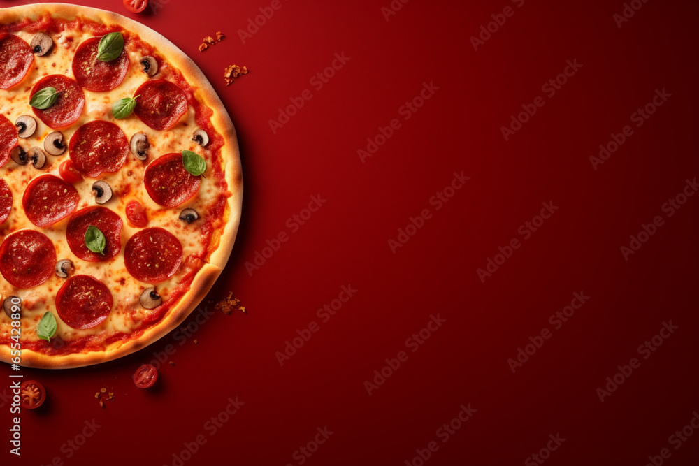 pizza red background 4k realistic top view canon r5 food, generative ai ...
