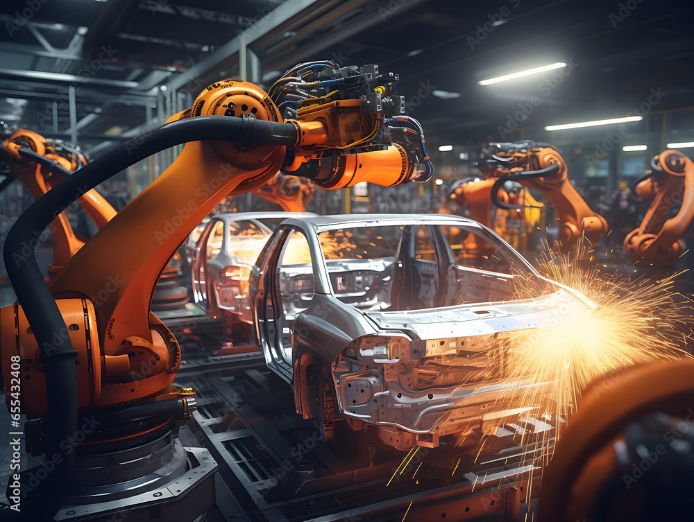 Assembly line of robots welding car body. Industry. Automobile plant, Industrial machinery ...