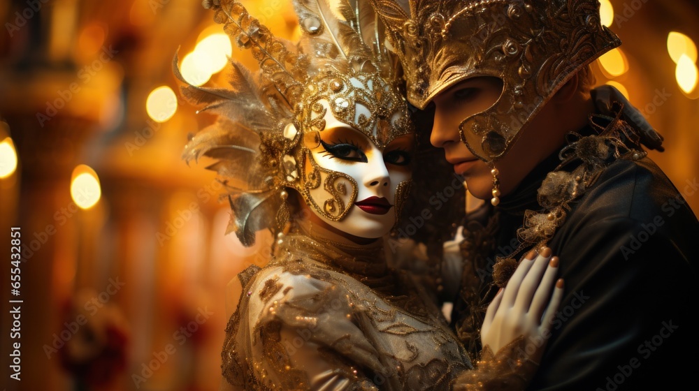 Masquerade ball at Venice Carnival with ornate masks and costumes Stock ...