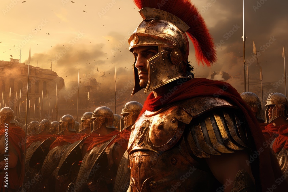 Roman centurion with Roman soldiers and smoke in the background Stock ...