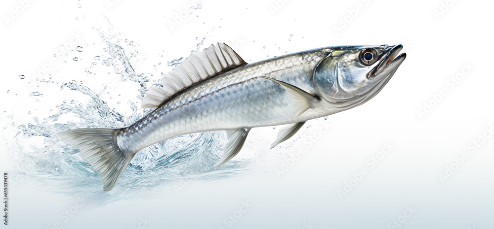 Silver fish is jumping out of water isolated on black background ...