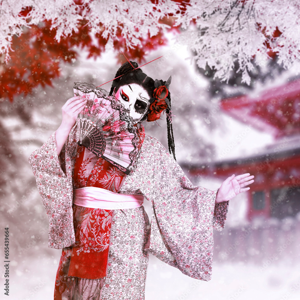 Catrina, mexico, Japon, cosplay, abanico, kimono, nieve, otoño, dia de ...