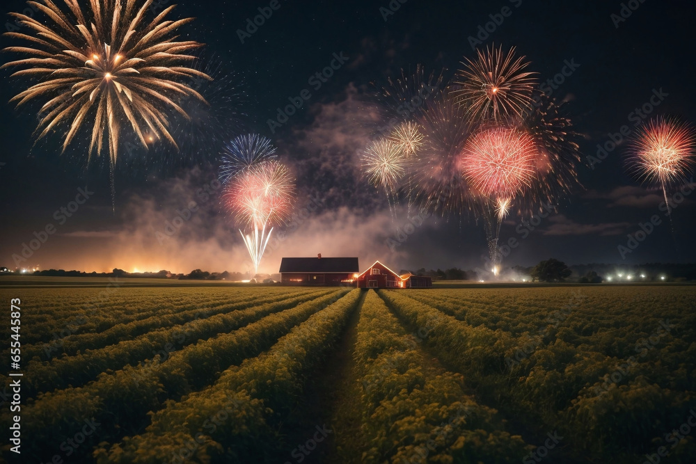 Fireworks at the Farm. New Year celebration agriculture concept, Farm ...
