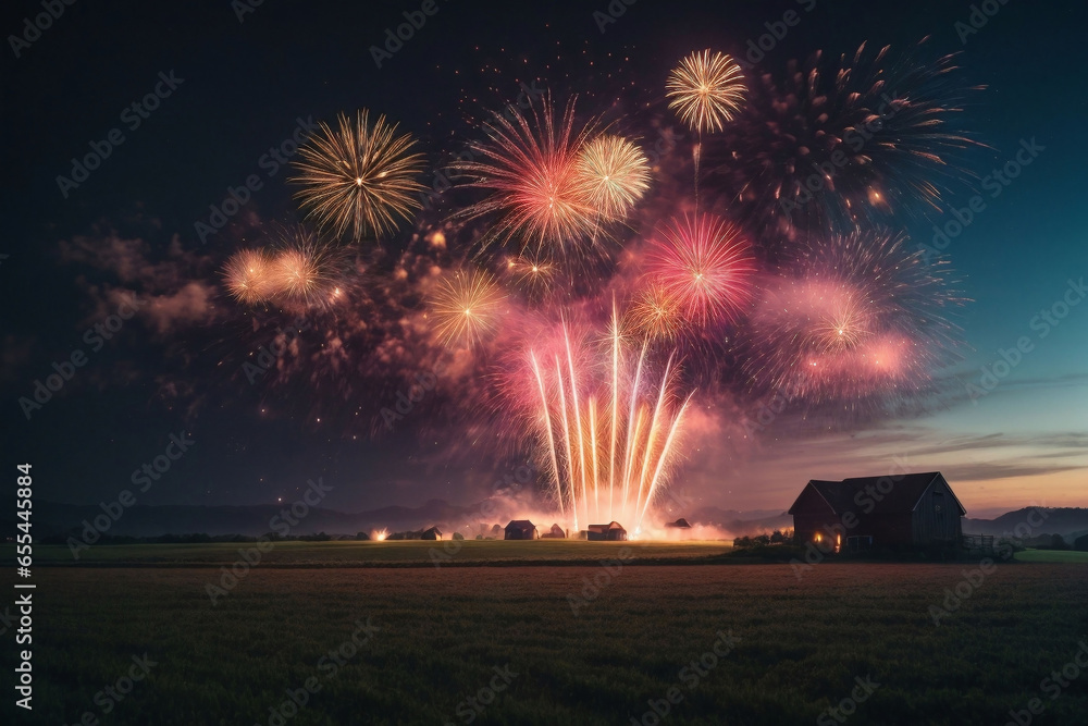 Fireworks at the Farm. New Year celebration agriculture concept, Farm ...