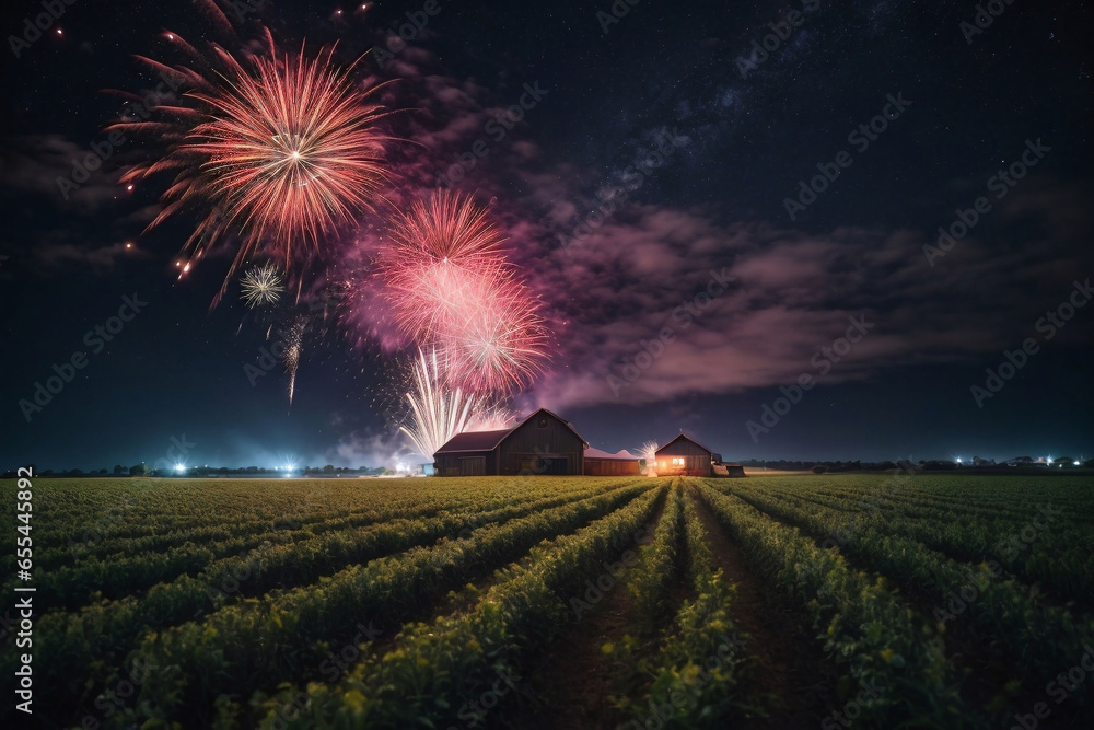 Fireworks at the Farm. New Year celebration agriculture concept, Farm ...