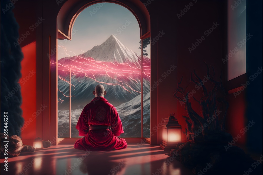detailed japan Montaigne pink red white snow a futuristic monk sitting ...