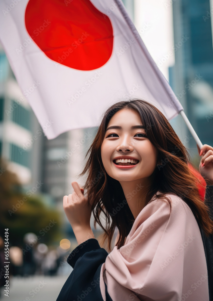Generative AI, cute beautiful young Japanese woman holding the flag of ...