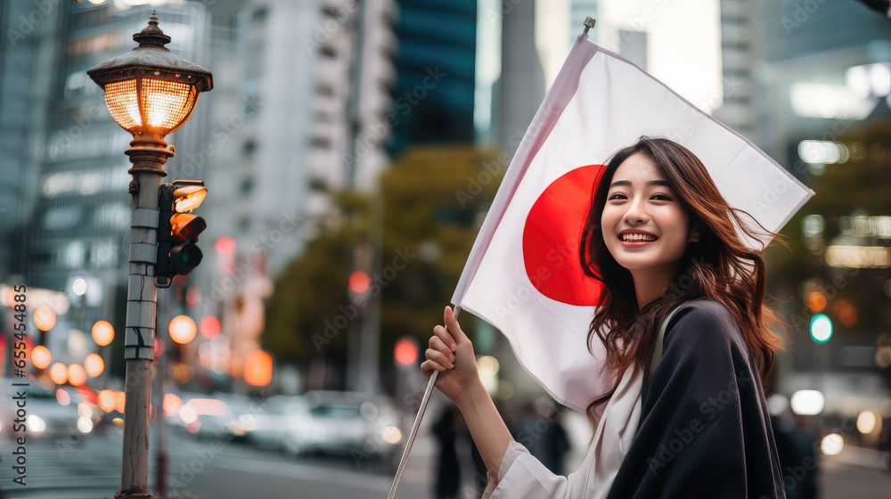 Generative AI, cute beautiful young Japanese woman holding the flag of ...