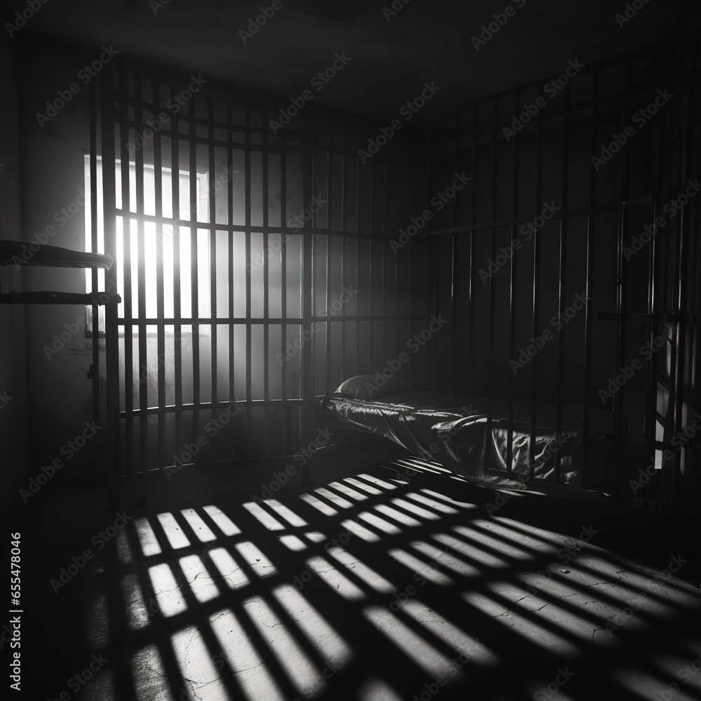 Somber empty room cell with shadows of bars reflected on the floor ...