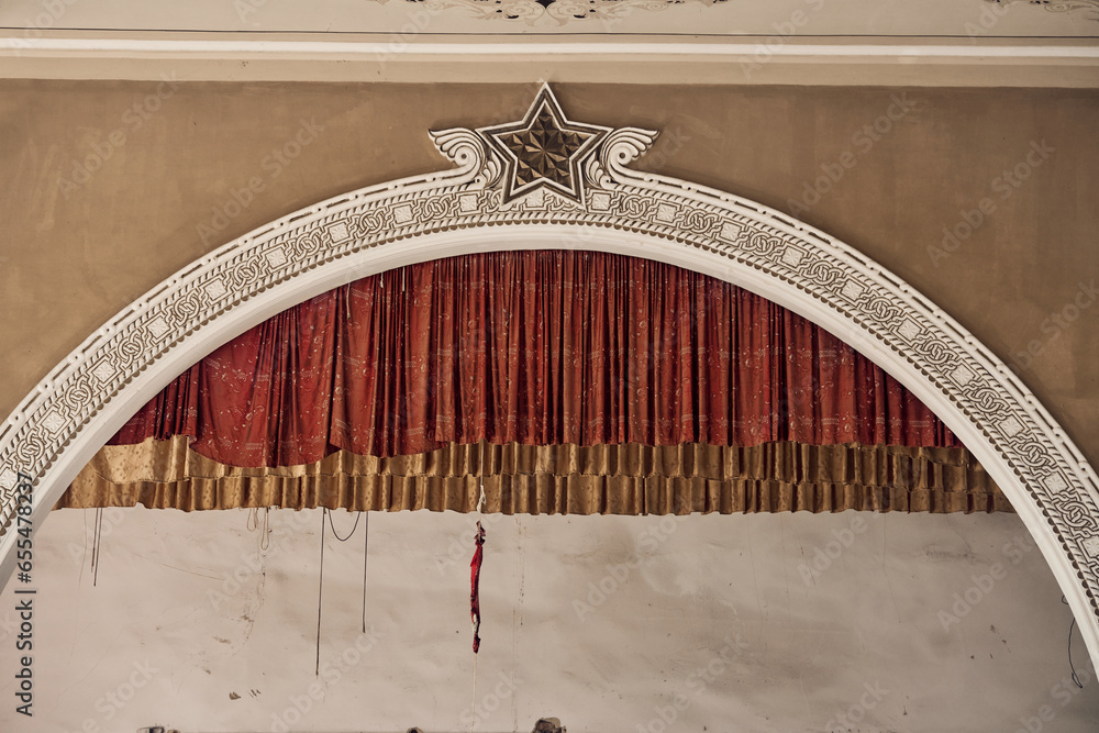 Vintage theater stage with red curtain and star. Stalin Empire style ...