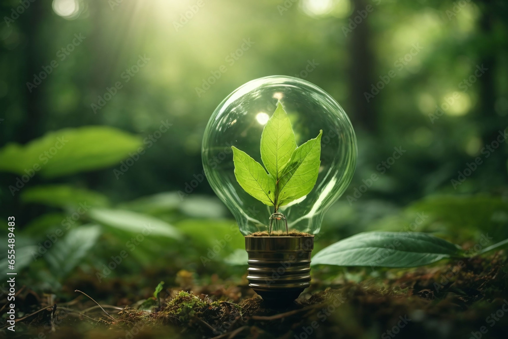 Lamp with leaf inside, in the middle of nature. Responsible sustainable ...