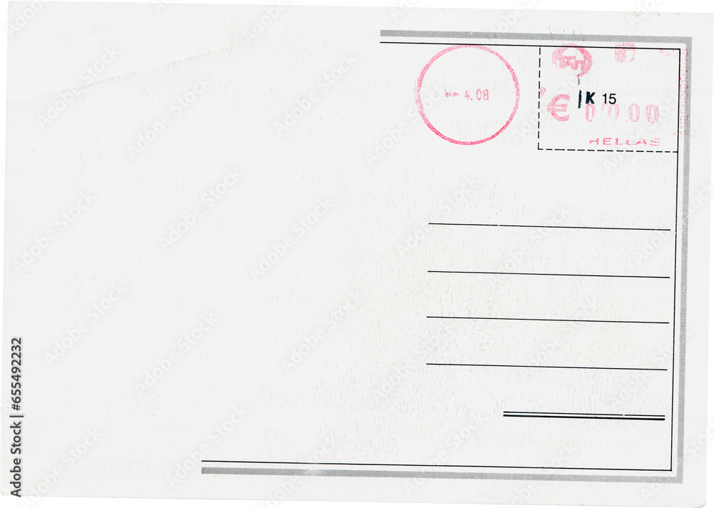 Blank white postcard back with address lines and stamp area isolated in ...