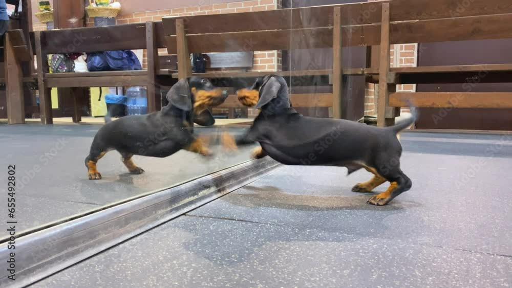 Small funny dachshund dog looks in large mirror, sees reflection, plays ...