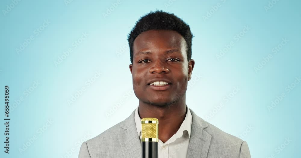 Reporter, news and portrait, black man and mic with communication and ...