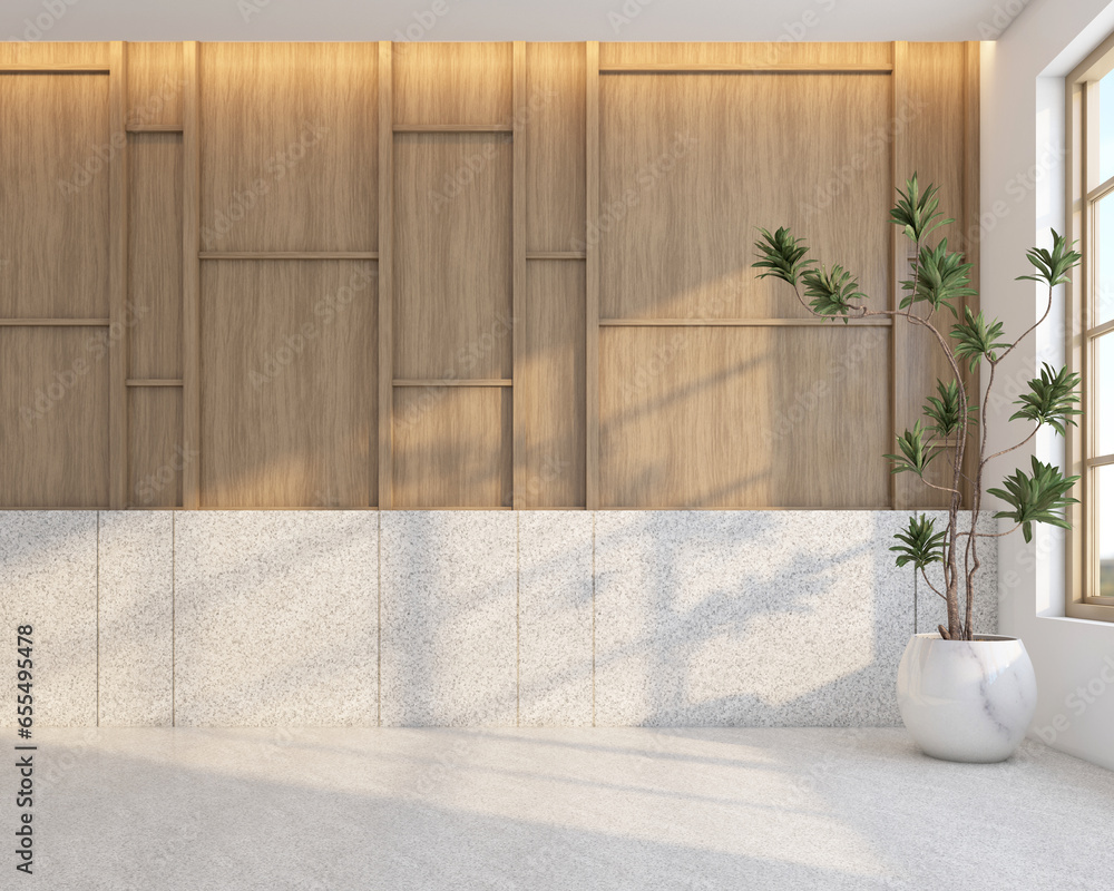 Morning light in Japandi style empty room decorated with wood texture ...