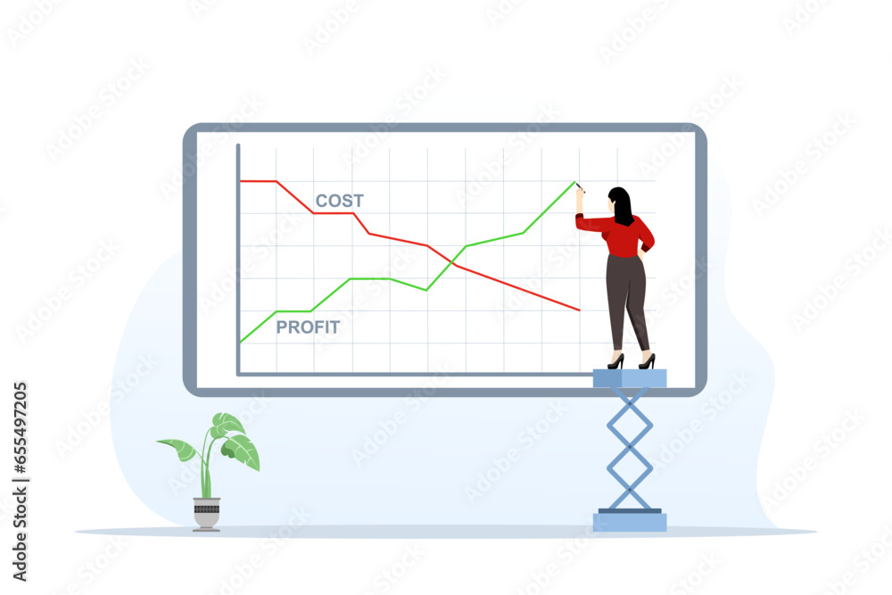 concept of businesswoman taking profit and cost reduction graph, Growth and decline in company ...