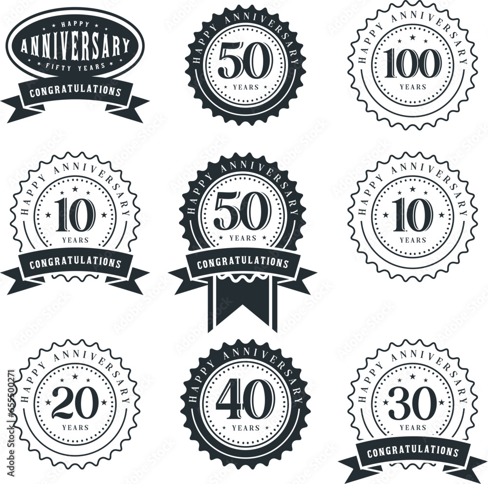 Vintage 50,100, 10, 20, 40, 30 Anniversary Labels, Design Elements ...