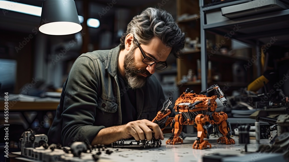 A robotics engineer constructs robot prototypes using 3D-printed parts ...
