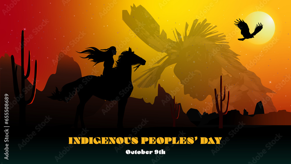 Indigenous Peoples' Day Graphic, Native American, Sunset Desert, Eagle ...