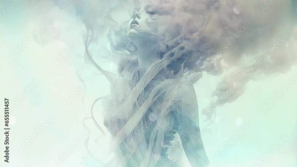 Beautiful Ethereal Spirit Girl Surrounded by Smoke and Mist. Looping ...