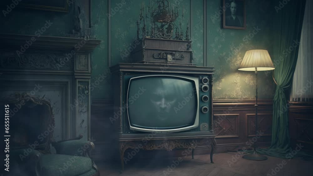 Retro Haunted Antique TV with Spooky Ghost Face. Looping. Halloween ...