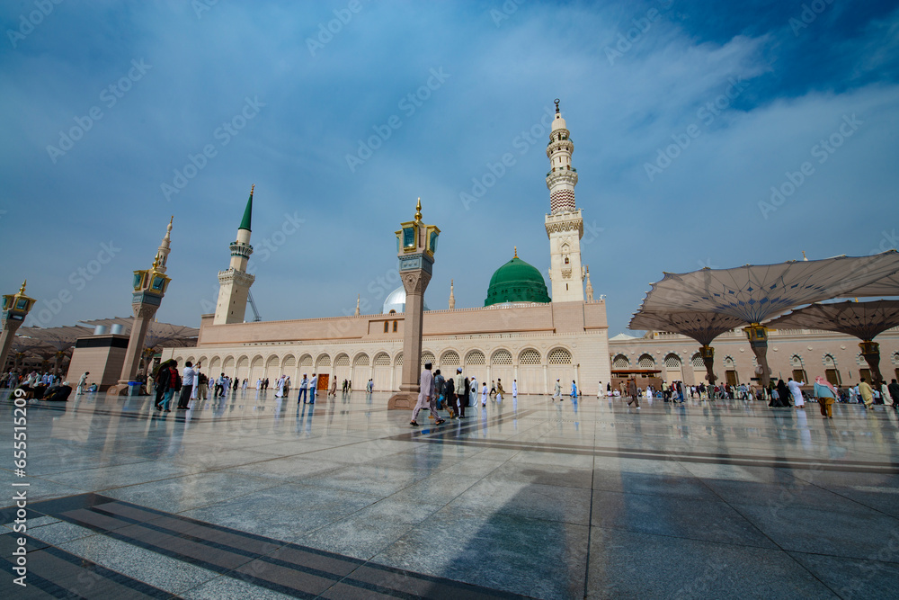 The famous green and silver domes of the Prophet's Mosque (Masjid ...