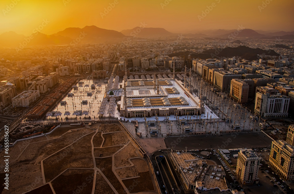Aerial view of the Masjid Nabawi in Madinah, Saudi Arabia. The Nabawi ...