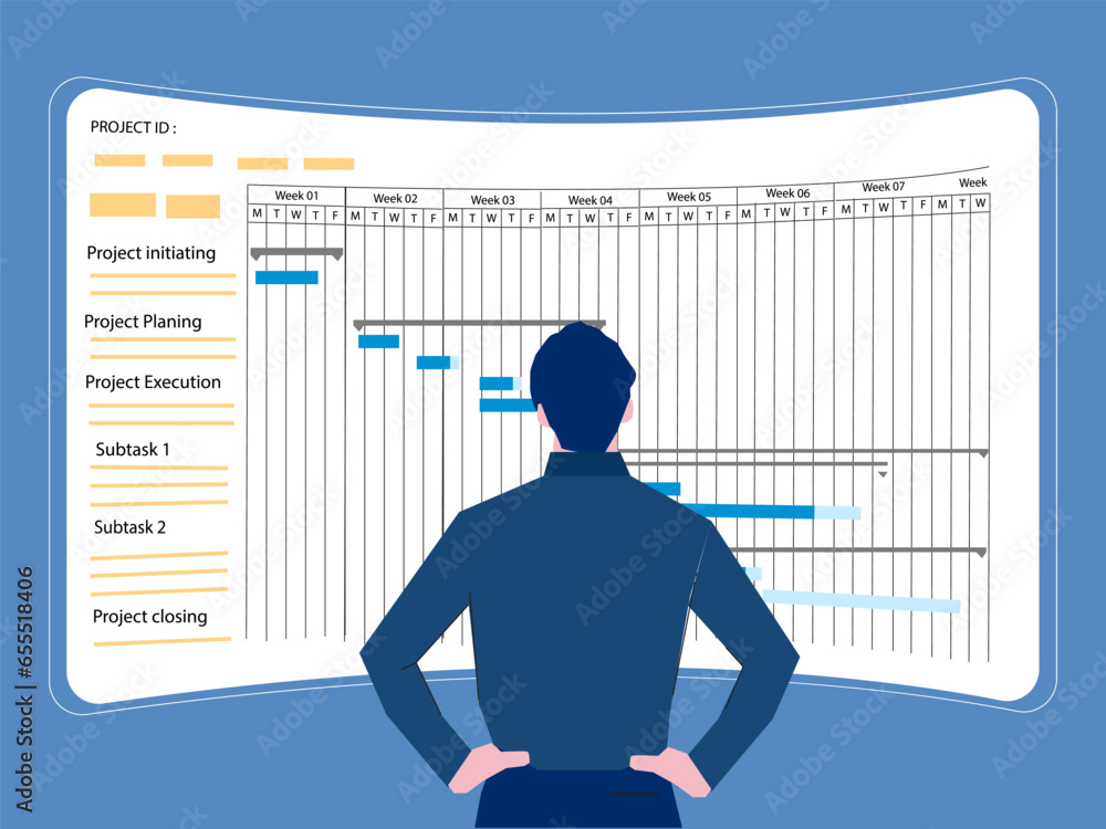 Vecteur Stock Project manager working with Gantt chart planning ...