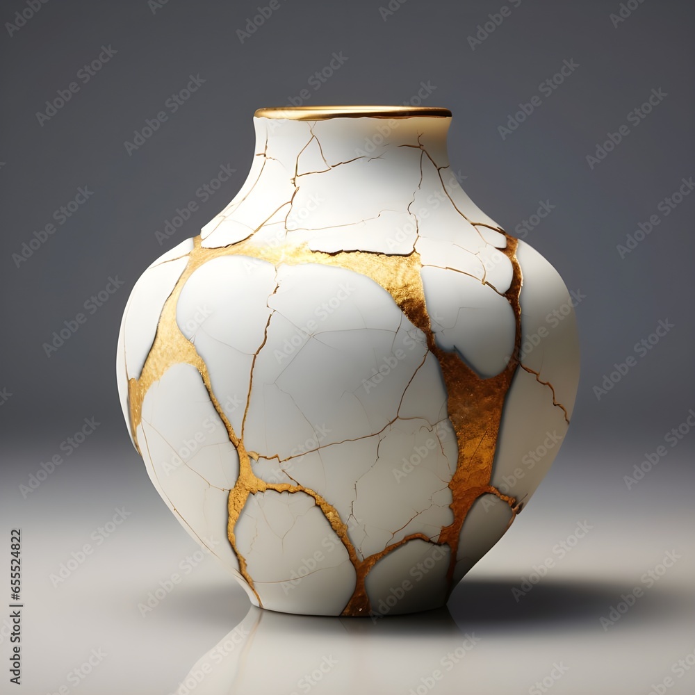 Kintsugi Japanese white pot with golden seam, gold black Kintsugi pot ...