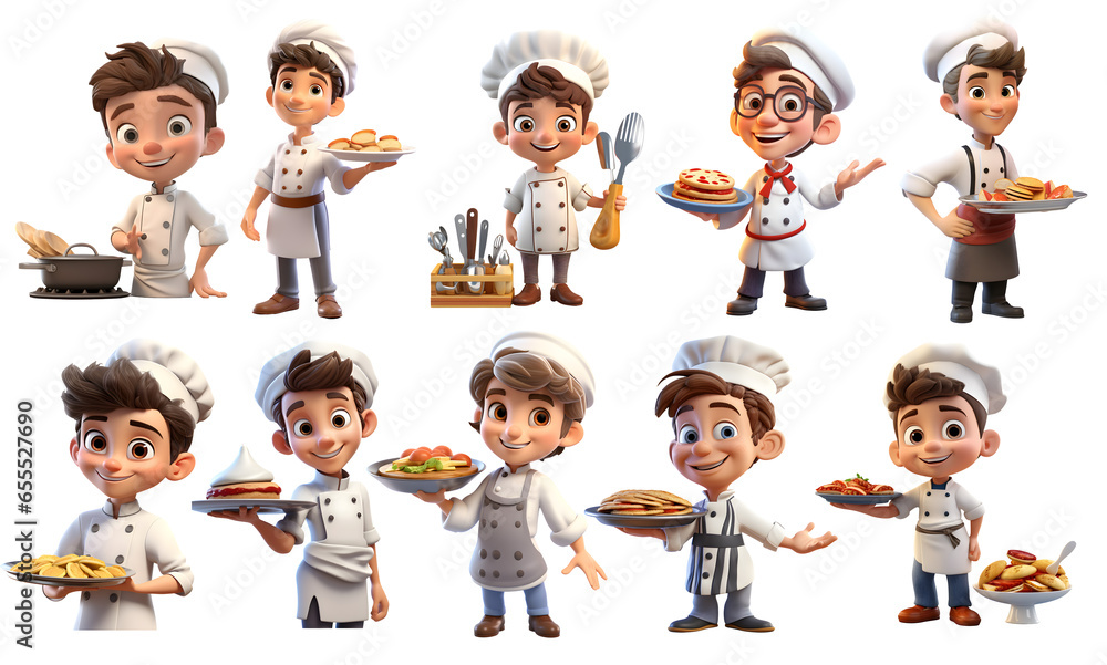 set of cute french Cook 3d Clipart Sticker, isolated, transparent ...