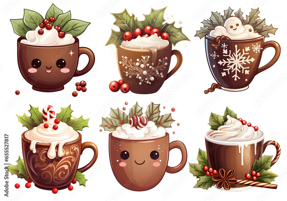 set of cute hot chocolate cup - mug Clipart Sticker, isolated on white ...