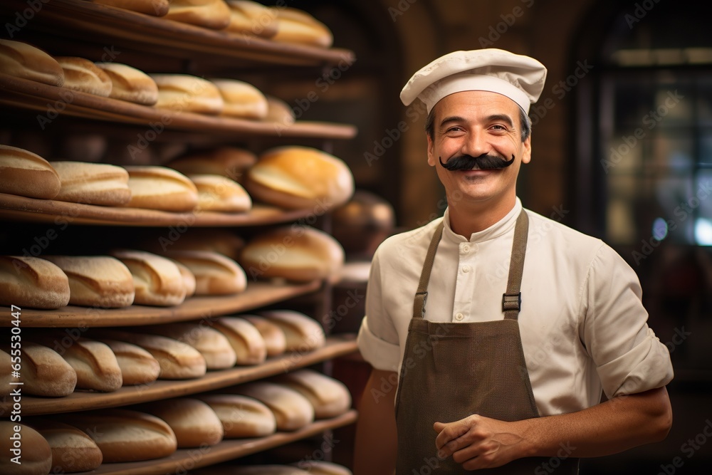French bakery of the 50s. the baker with his mustaches and his smile ...