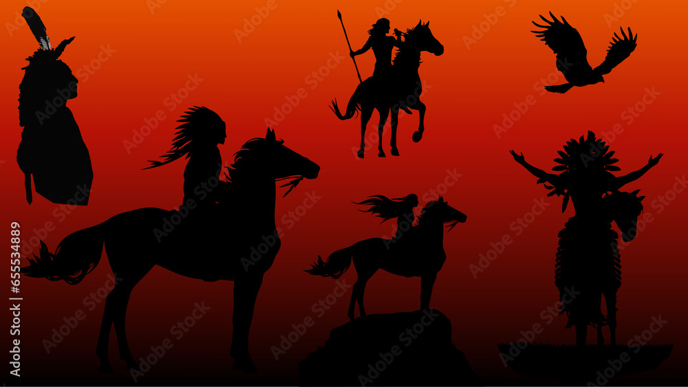 Native American Silhouette set, Indigenous People, Native American ...