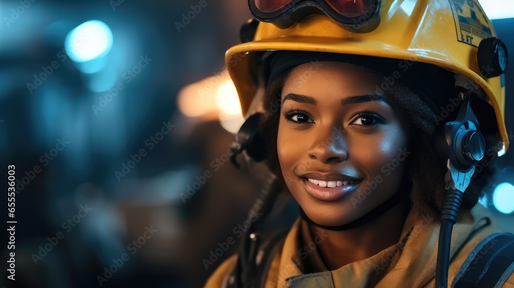 Female firefighter, Portrait of experienced African female firefighter ...