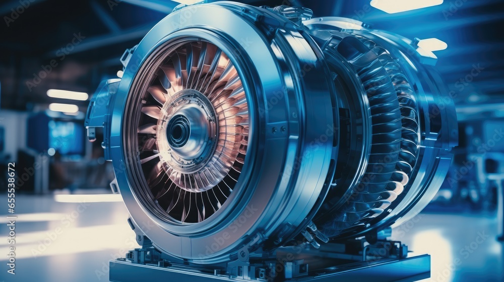 Modern Industrial Jet Engine in engine high tech futuristic factory ...