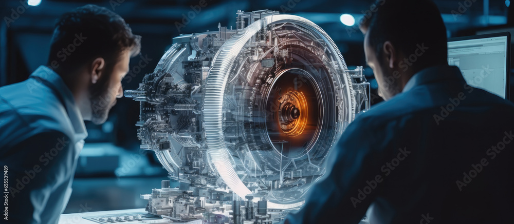 Engineer working on CAD software with holographic projection 3D model ...