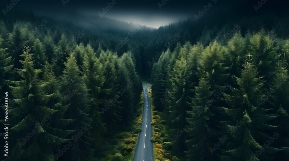 Top view of dark green forest landscape wallpaper art. Aerial nature ...