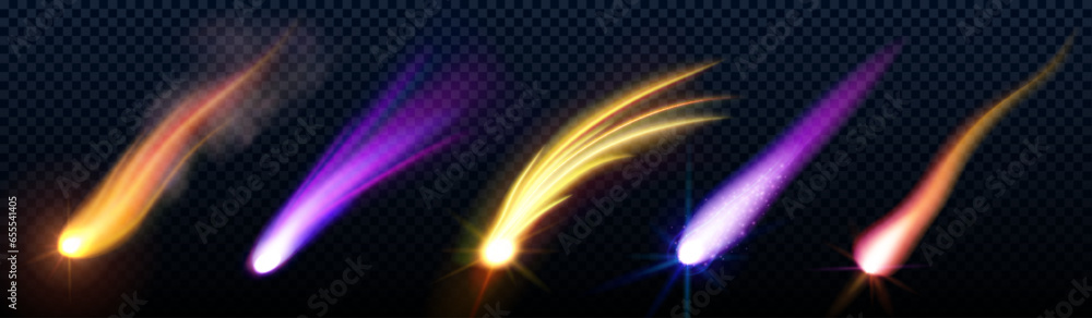 Comet trail effect and meteor star light vector. Asteroid speed fall ...