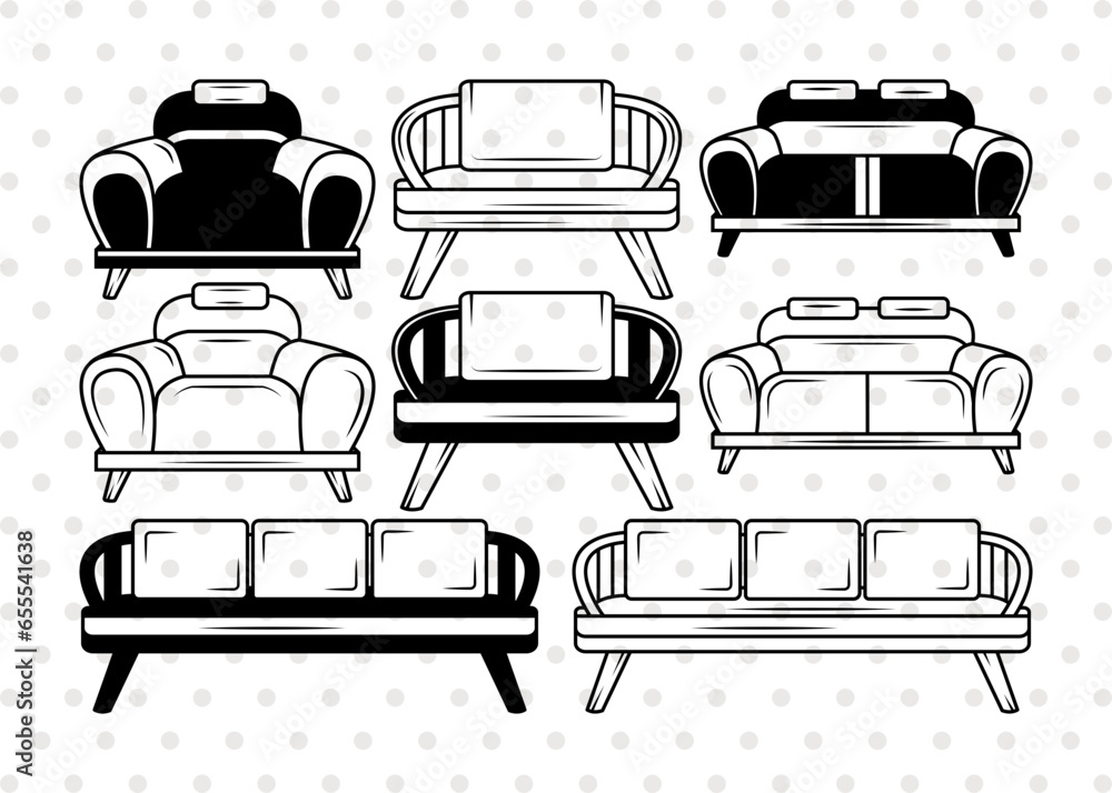 Sofa Set SVG, Sofa Set Silhouette, Furniture Svg, Couch Svg, Sofa ...