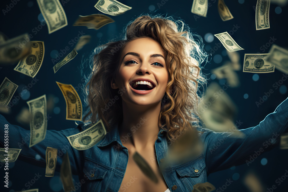 Shower of Wealth Captivating Young Woman Standing Amidst a Rain of ...