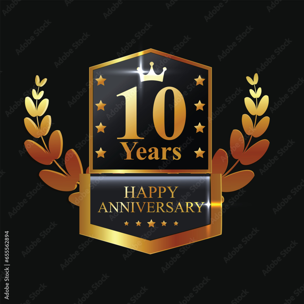 Vector 10th anniversary celebration logo Golden shield laurel wreath ...