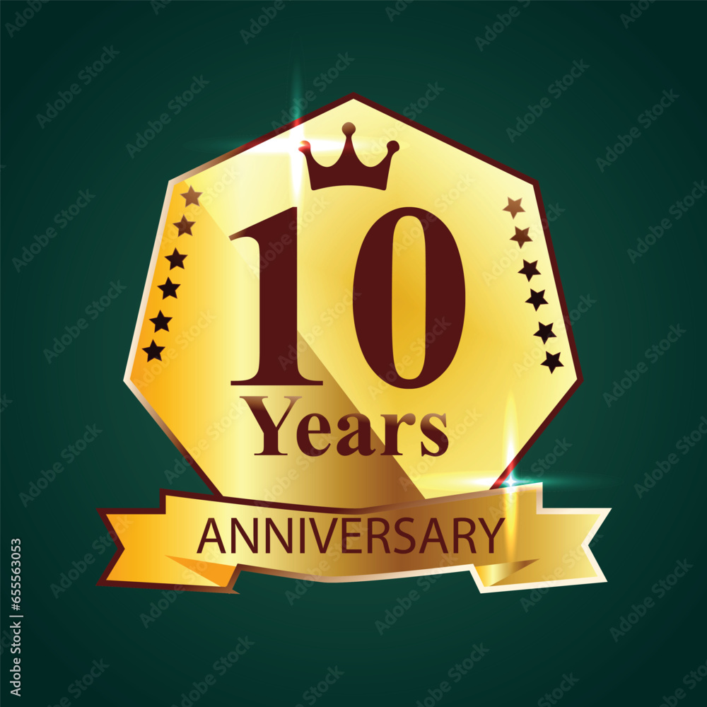 Vector 10th anniversary celebration logo Golden shield laurel wreath ...