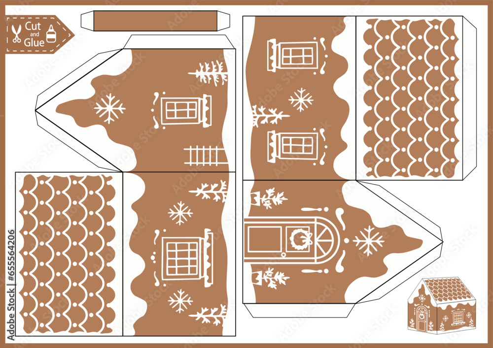 Craft game cut and glue paper 3d gingerbread house. Education kids ...