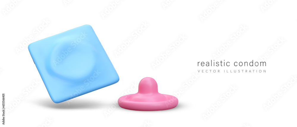 Set of contraceptives. Packed and unpacked condom. Disposable latex ...
