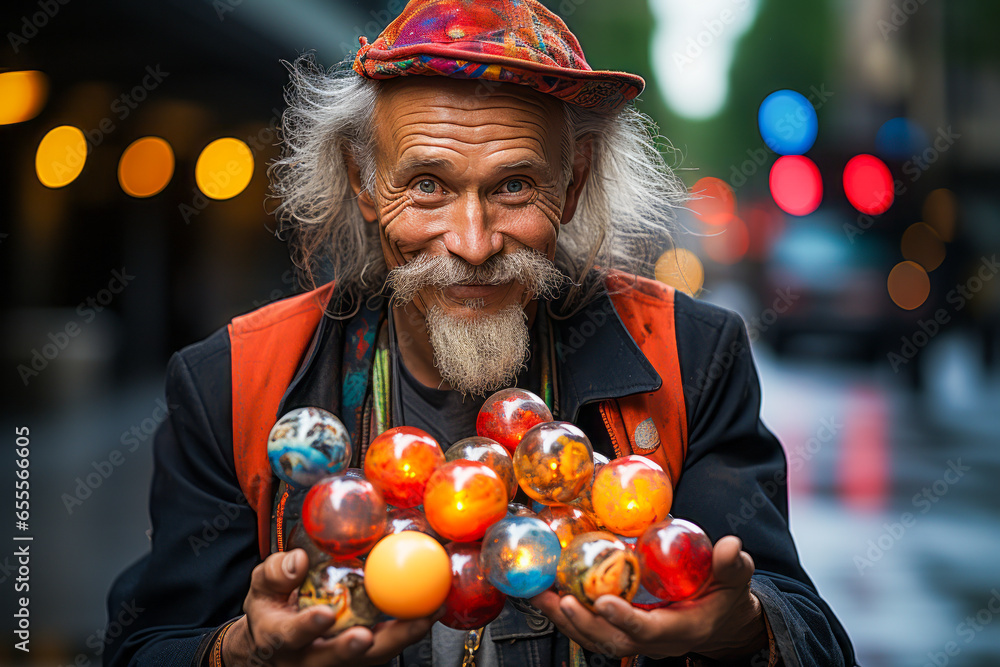 Bewildering juggler balancing pins and balls in a kaleidoscopic, street ...