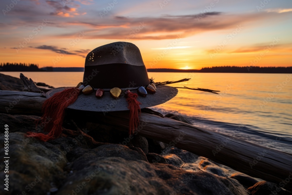 pirate hat on a driftwood log at the beach during sunset Stock Photo ...