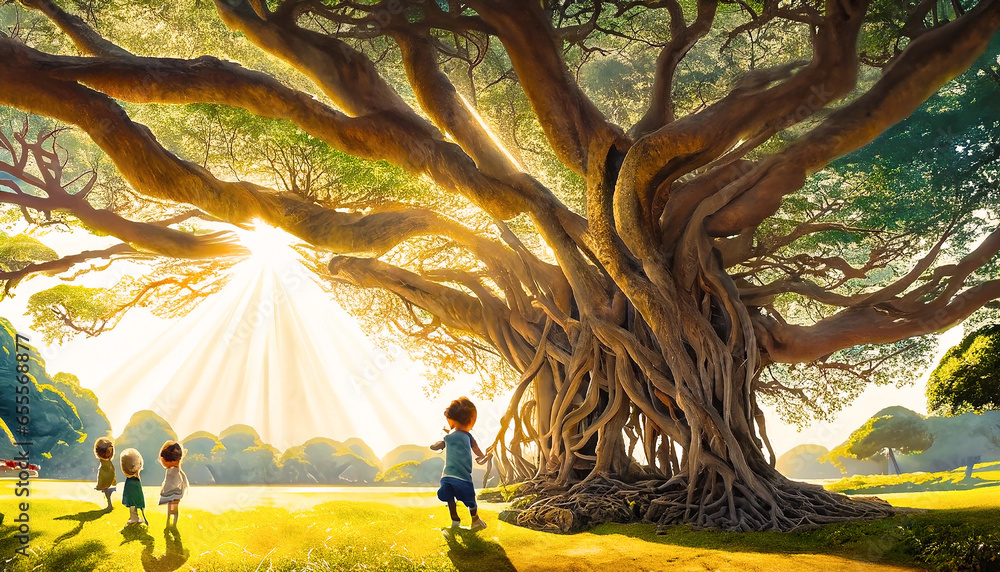 A sunny day with a big and beautiful banyan tree with sun rays peeping ...