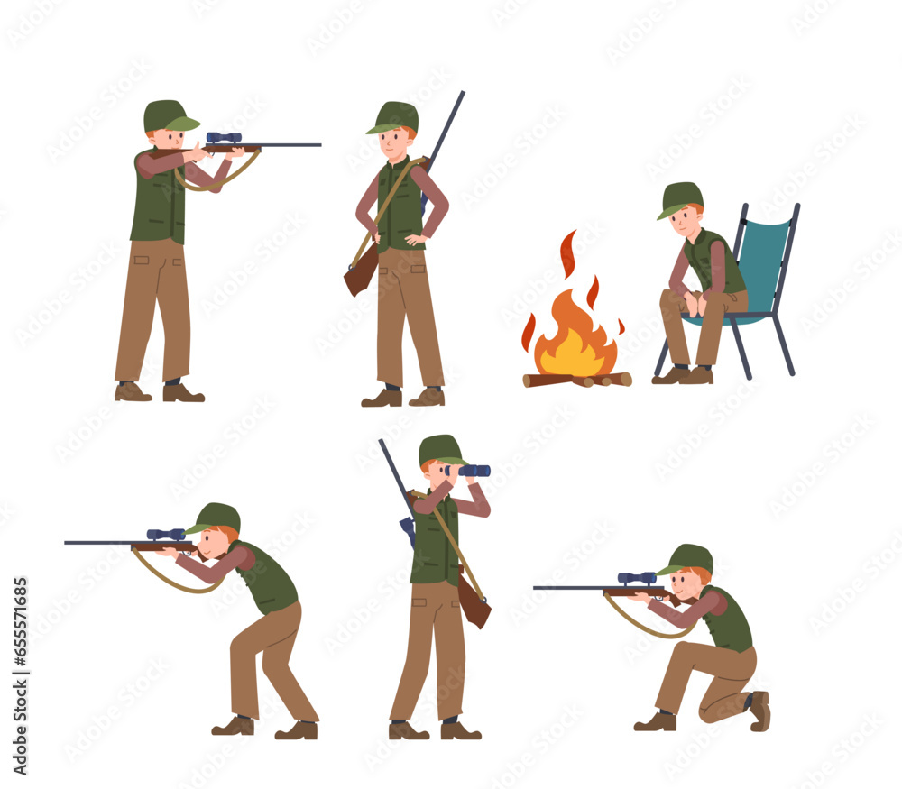 Vetor de Vector set cartoon characters of hunters with shotgun ...