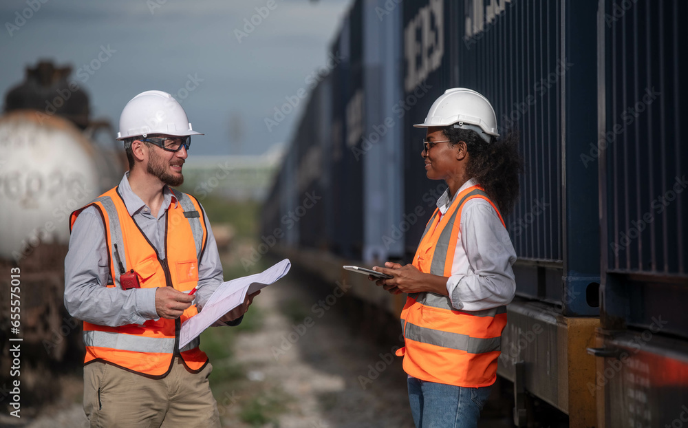 Engineer under discussion inspection and checking construction process ...